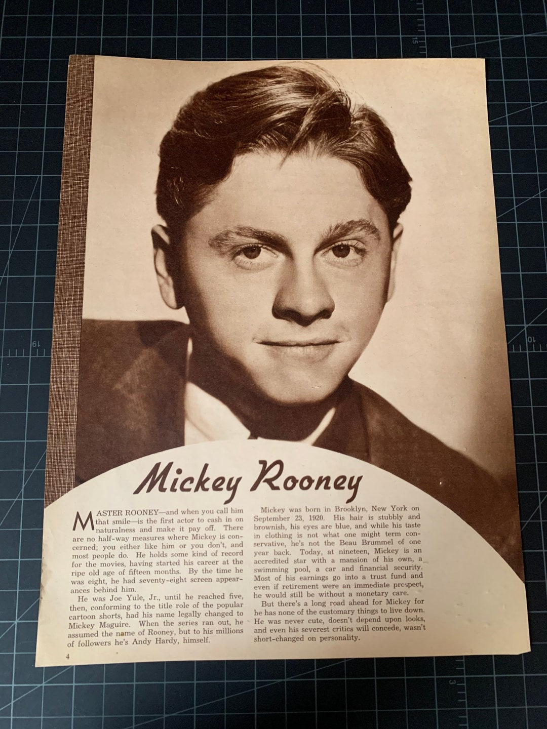 Rare Vintage 1940 Mickey Rooney Portrait & Bio - Etsy