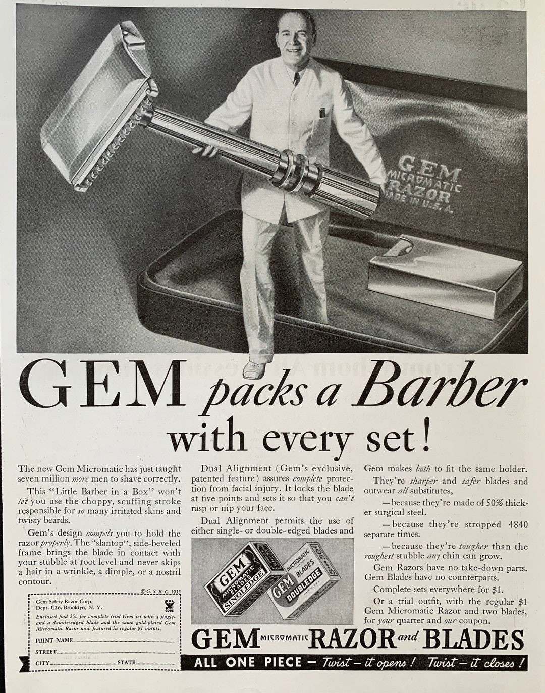 Vintage 1935 Gem Razor Blades Ad - Etsy