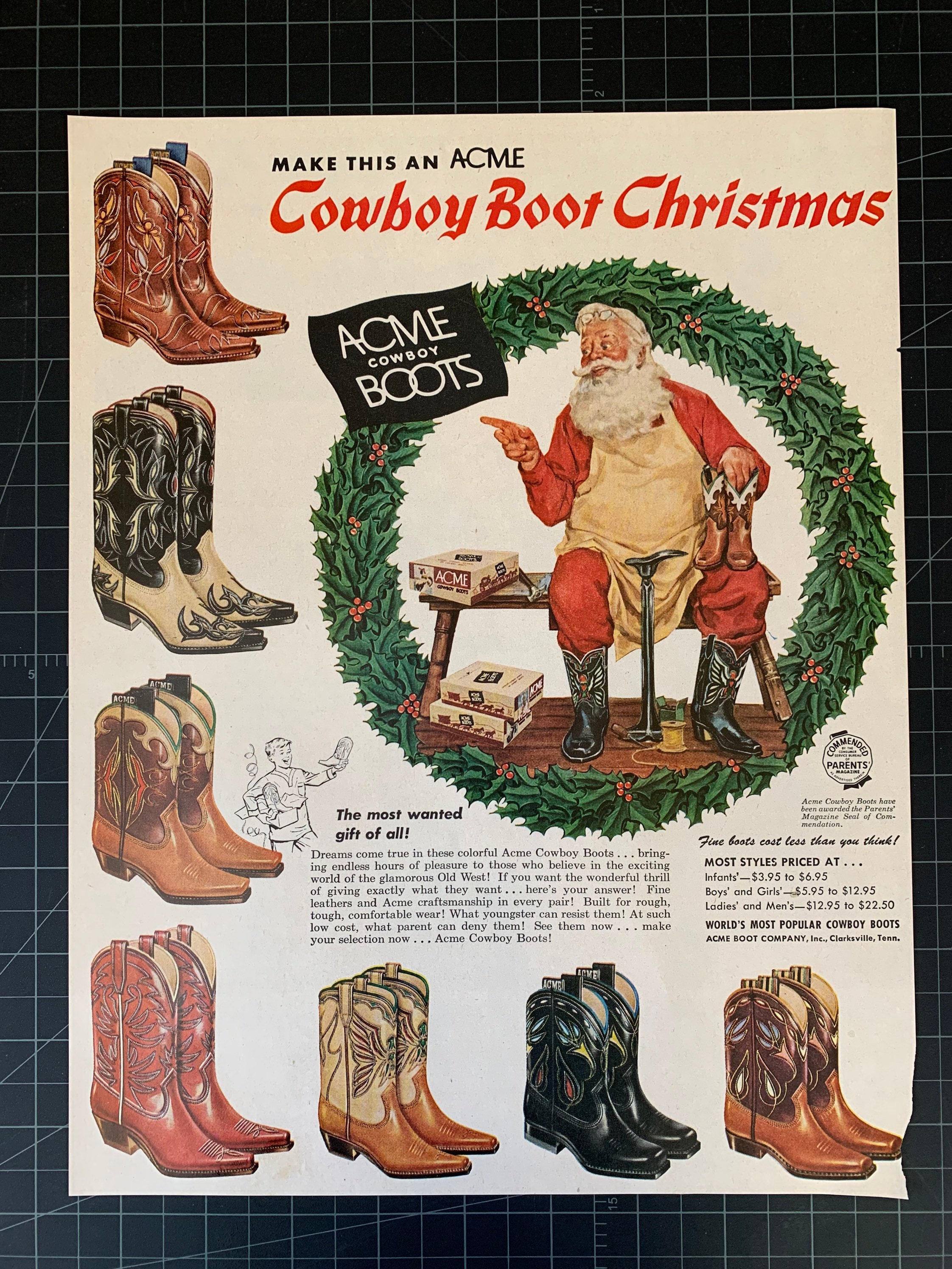Vintage 1950s Acme Cowboy Boots Christmas Print Ad | Etsy