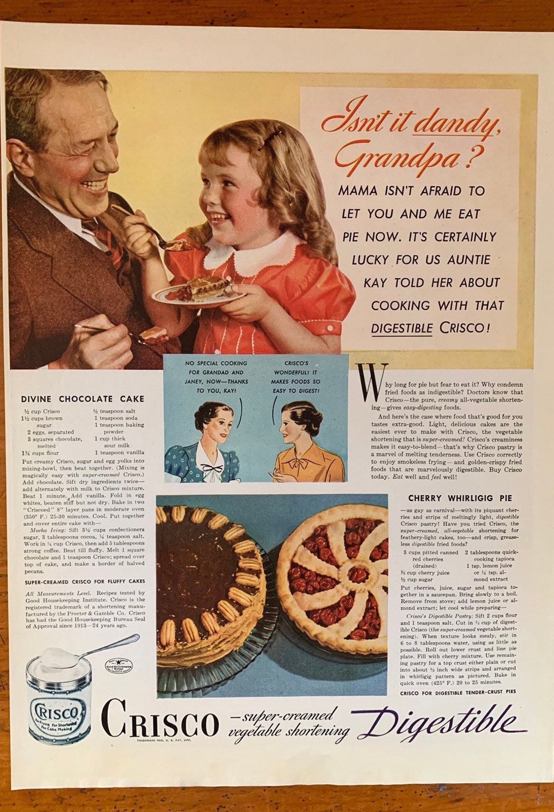Vintage 1940s Crisco Shortening Print Ad - Etsy