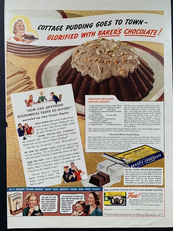 Vintage 1938 Bakers Chocolate Baking Ad | Etsy