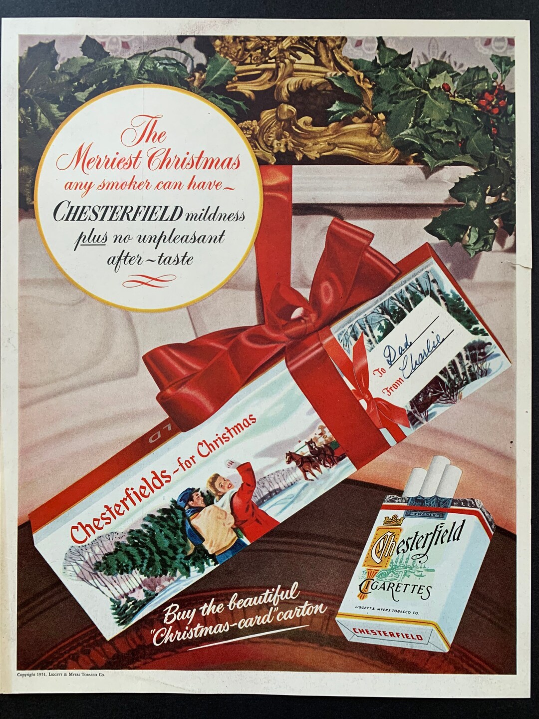 Vintage 1951 Chesterfield Cigarettes Christmas Holiday Ad - Etsy