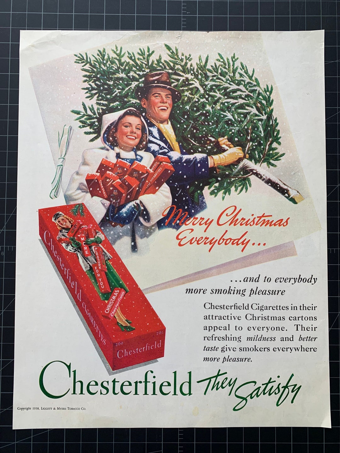 Vintage 1938 Chesterfield Cigarettes Christmas Print Ad - Etsy