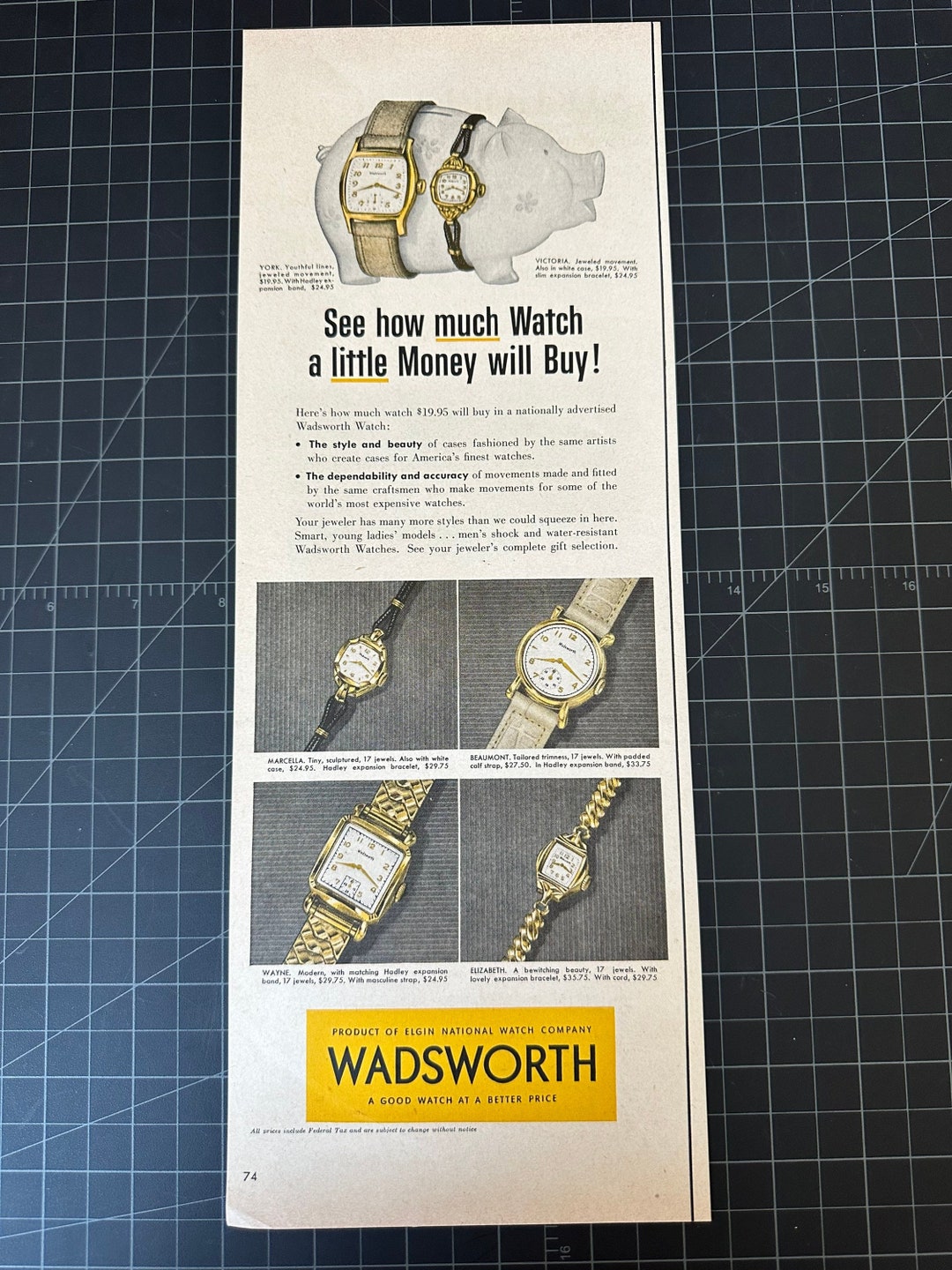 Vintage 1950s Wadsworth Watches Print Advertisement - Etsy