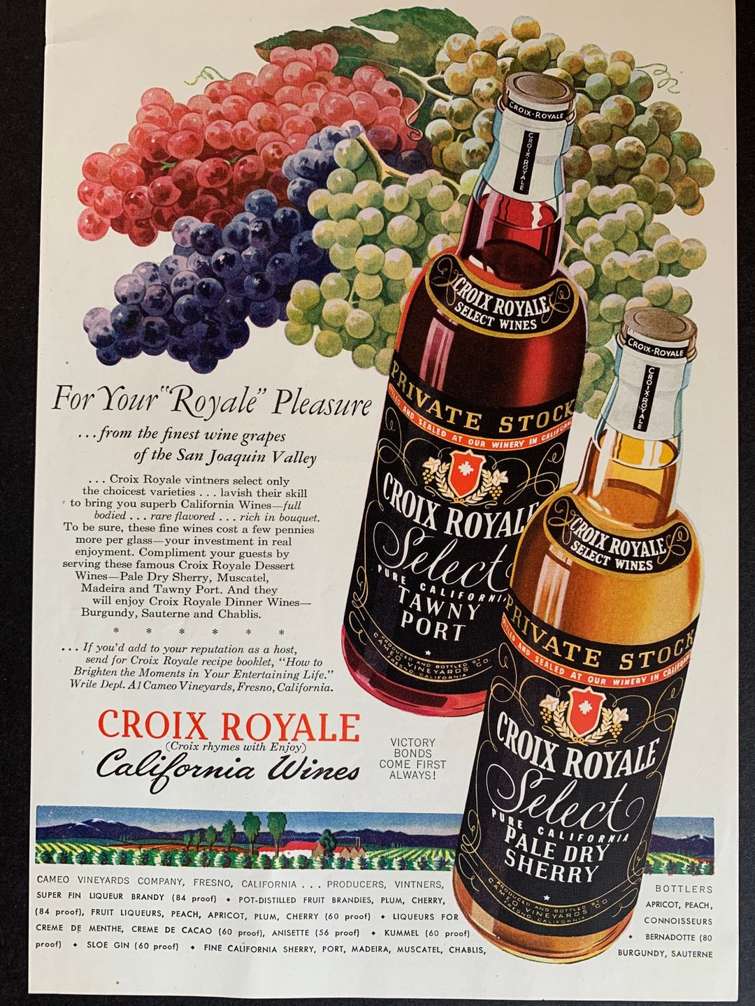 Vintage 1940s Croix Royale California Wines Advertisement - Etsy