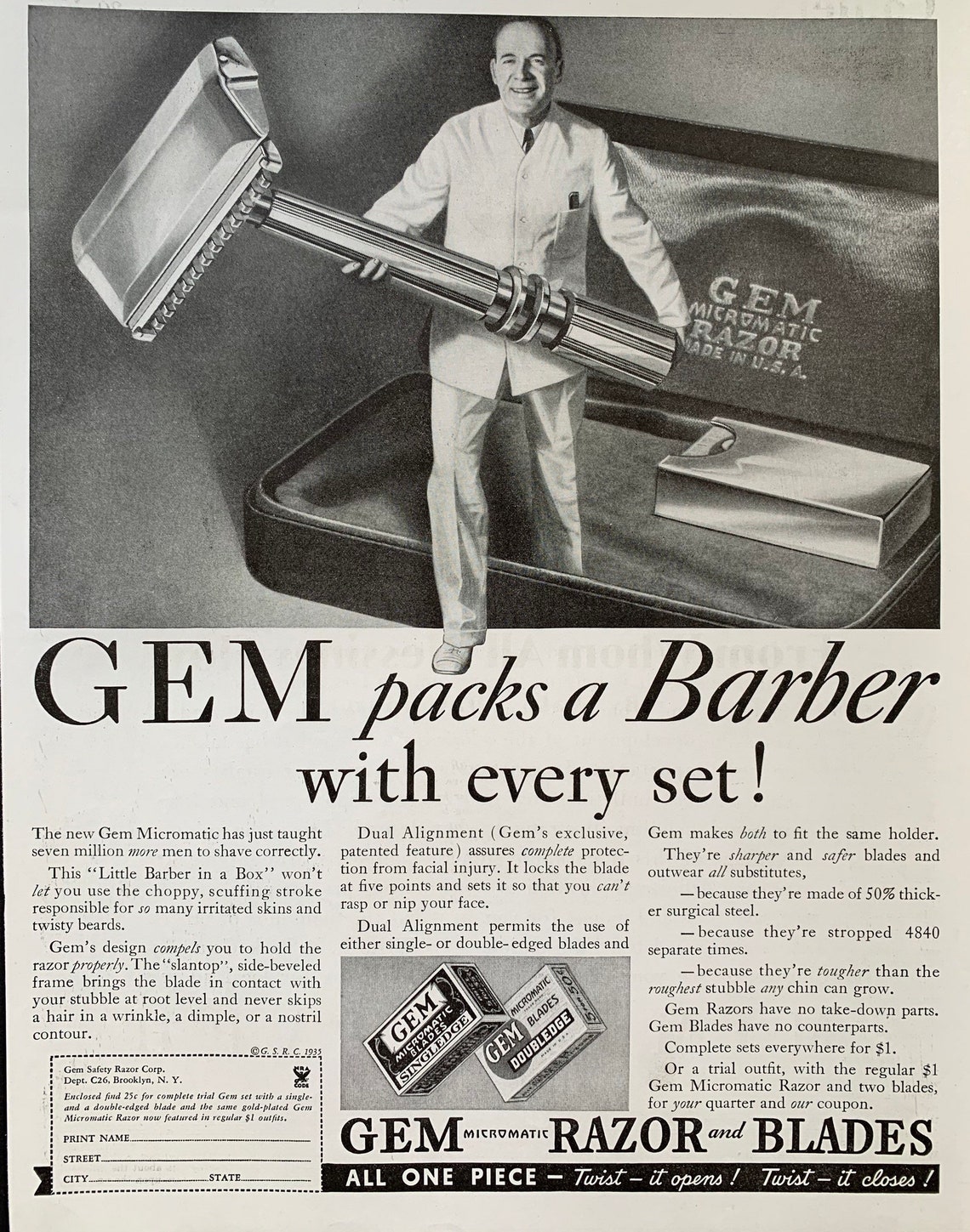 Vintage 1935 Gem Razor Blades Ad - Etsy