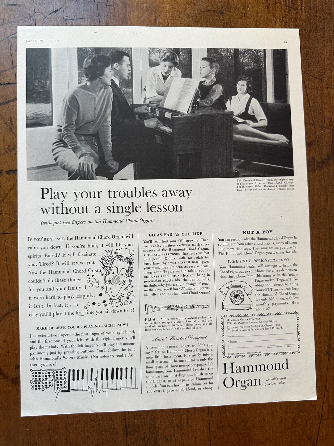 Vintage 1961 Hammond Organ Original Print Ad - Etsy