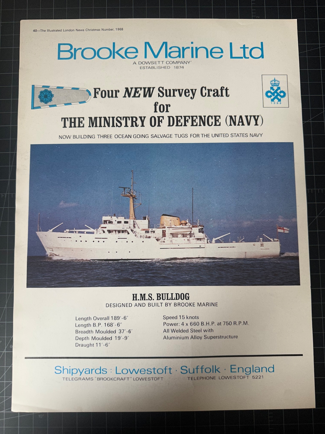 Vintage 1960s UK Brooke Marine LTD HMS Bulldog Ship Print Advertisement ...