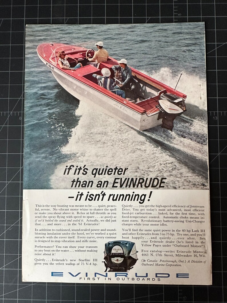 Vintage 1961 Evinrude Boat Motors Print Ad - Etsy