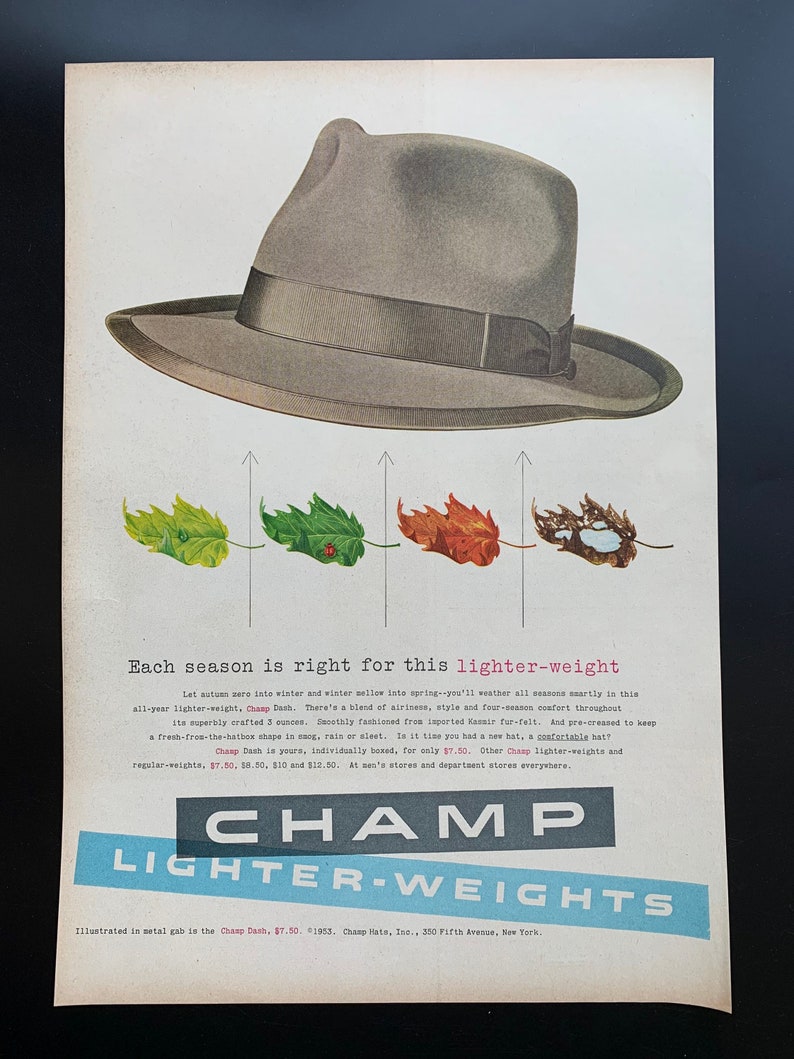 Vintage 1953 Champ Hats Original Print Ad - Etsy