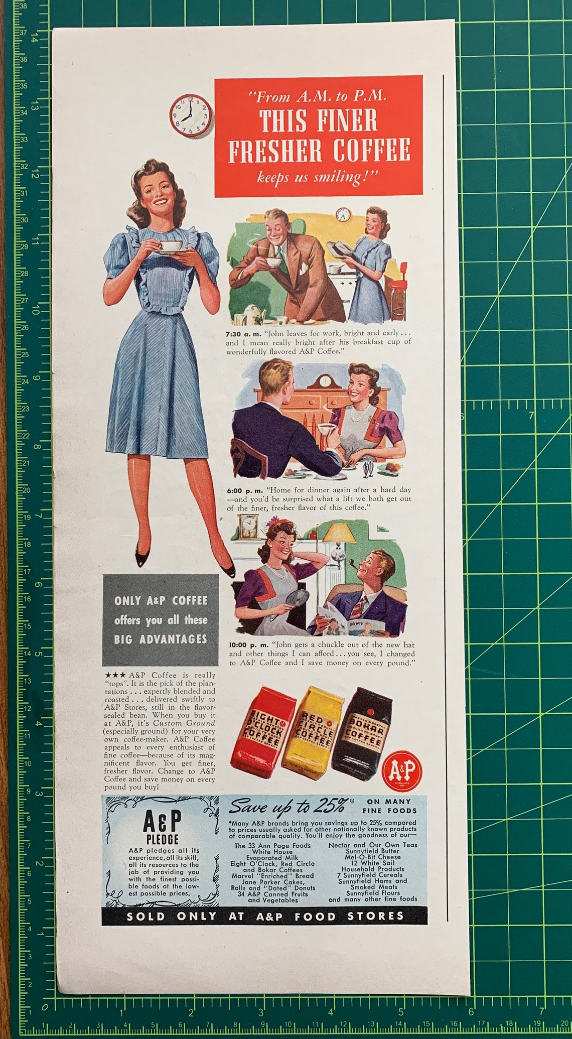 Vintage 1942 A&P Coffee Eight OClock Coffee Print Ad | Etsy