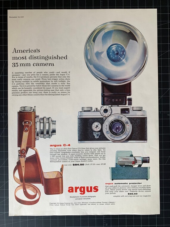 Vintage 1955 Argus Cameras Print Ad | Etsy