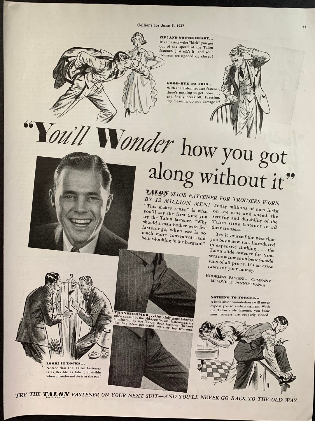 Vintage 1937 Talon Slide Fastener Zipper Ad - Etsy