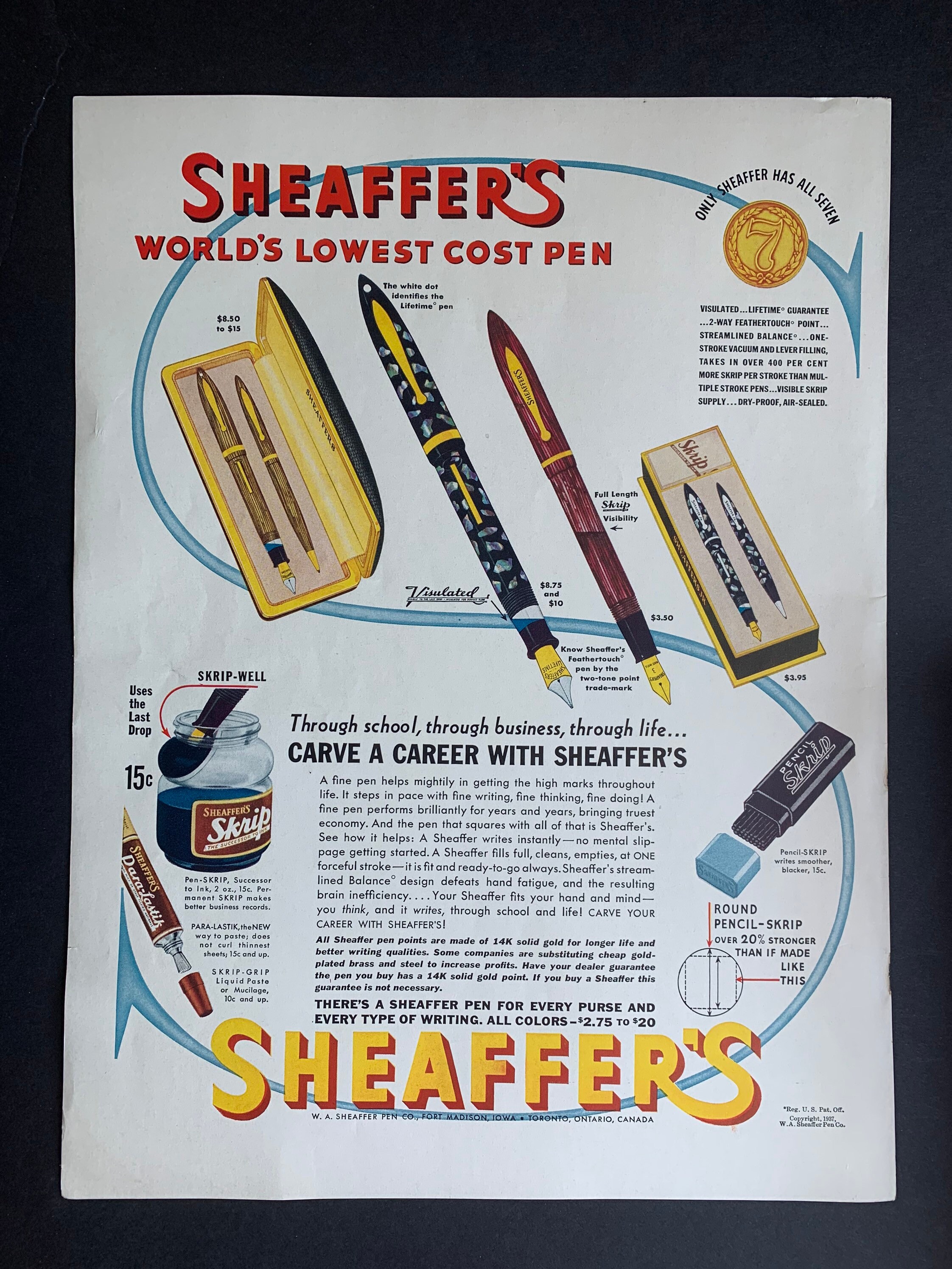 Vintage 1937 Sheaffer Pen Company Print Ad | Etsy