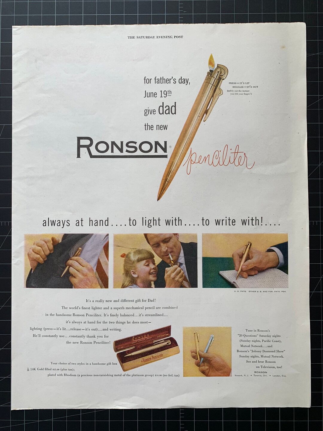 Vintage 1949 Ronson Penciliter Pen Lighter Print Advertisement - Etsy