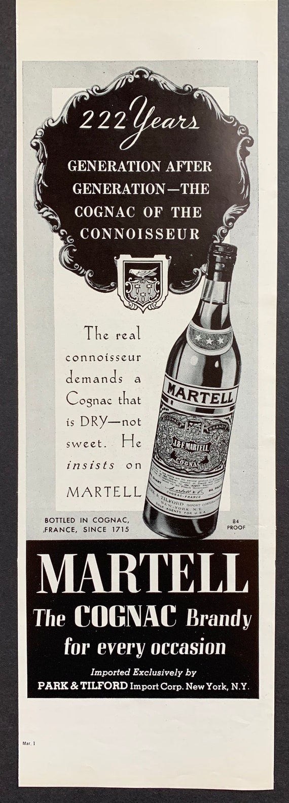 Vintage 1937 Martell Cognac Brandy Ad | Etsy