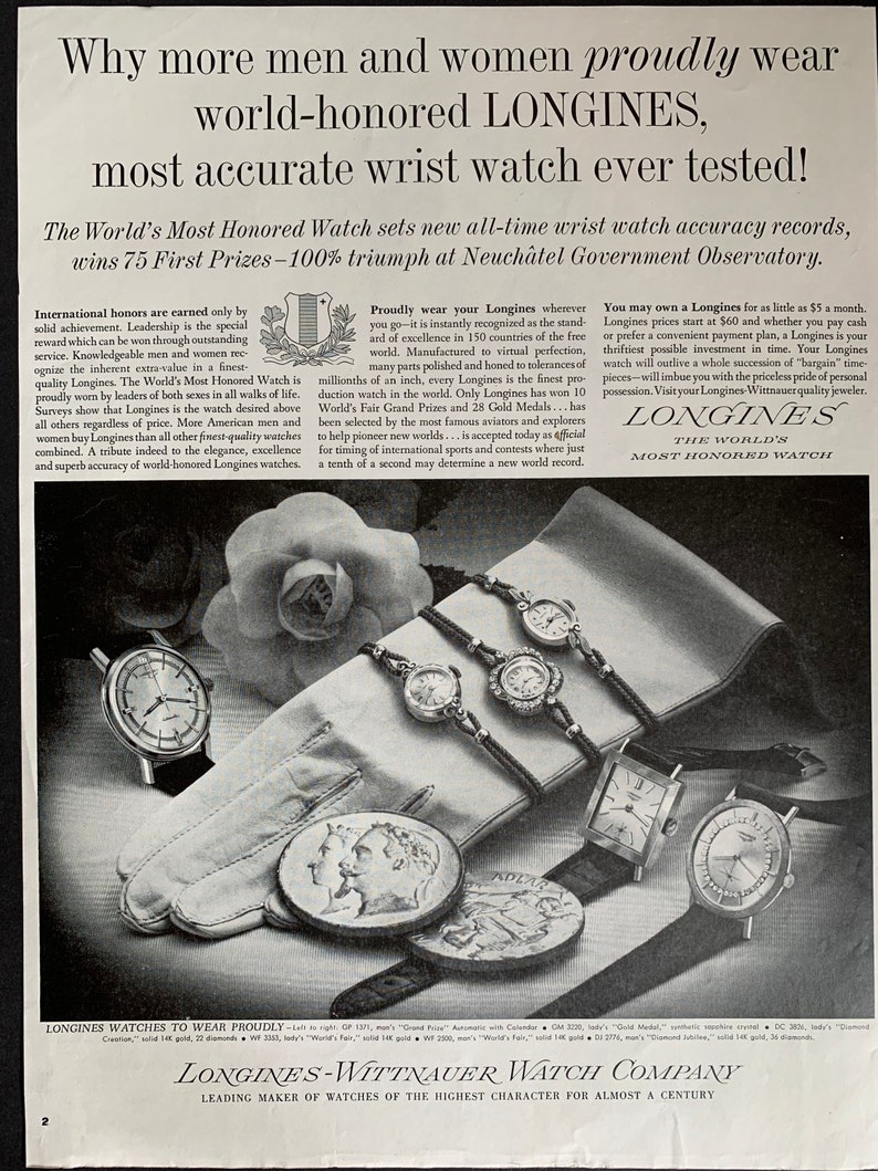 Vintage 1960s Longines Watches Print Ad - Etsy