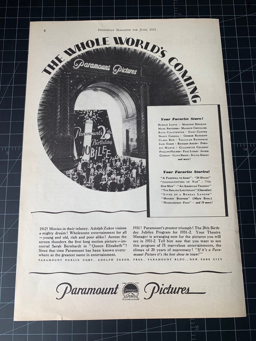 Vintage 1931 Paramount Pictures 20th Anniversary Print Ad - Etsy
