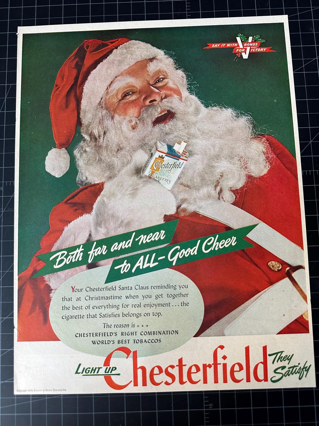 Vintage 1944 Chesterfield Cigarettes Print Ad - Christmas Santa - Etsy