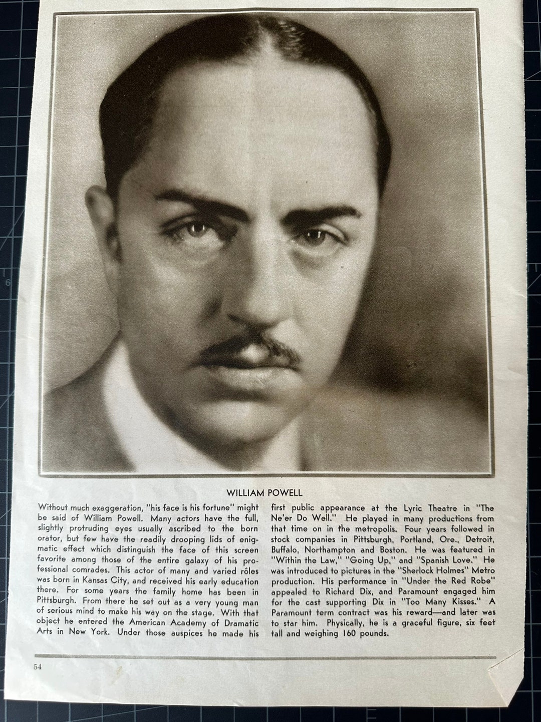 Vintage 1930 William Powell Portrait Magazine Page – Classic Hollywood ...