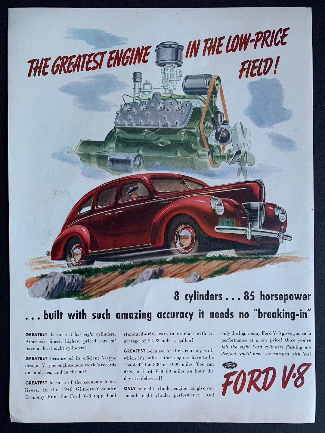 Vintage 1940 Ford V-8 Auto Print Ad - Etsy