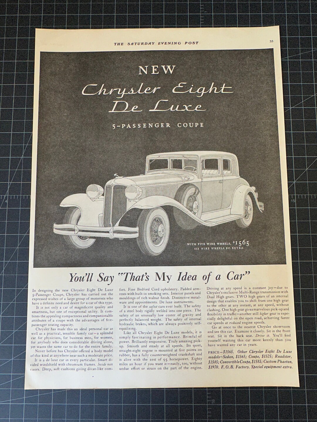Vintage 1931 Chrysler Eight De Luxe Original Advertisement - Etsy