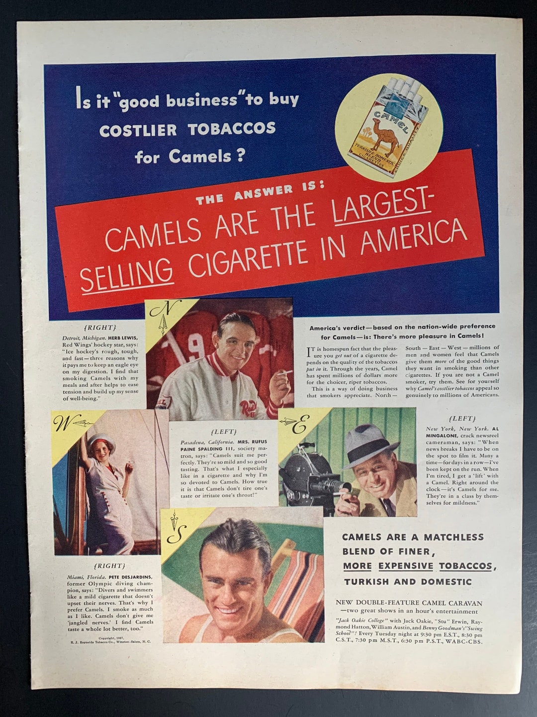 Vintage 1937 Camel Cigarettes Detroit Red Wings Print Ad - Etsy