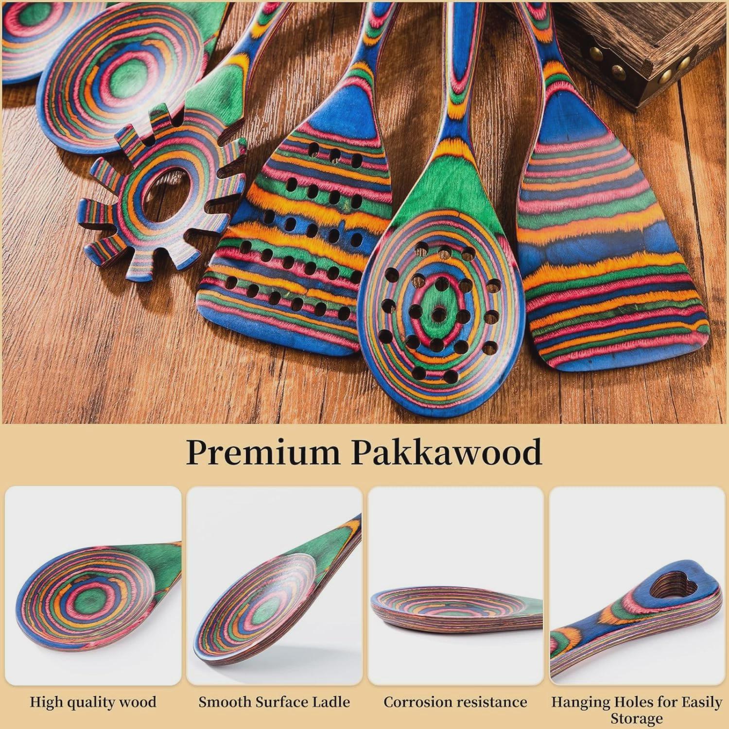 Pakkawood Kitchen Utensil Set, Colorful Wooden Cooking Spoons, 7-piece ...