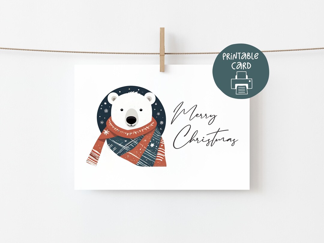 Pretty Christmas Polar Bear Printable Card, 5x7 Card With Printable ...