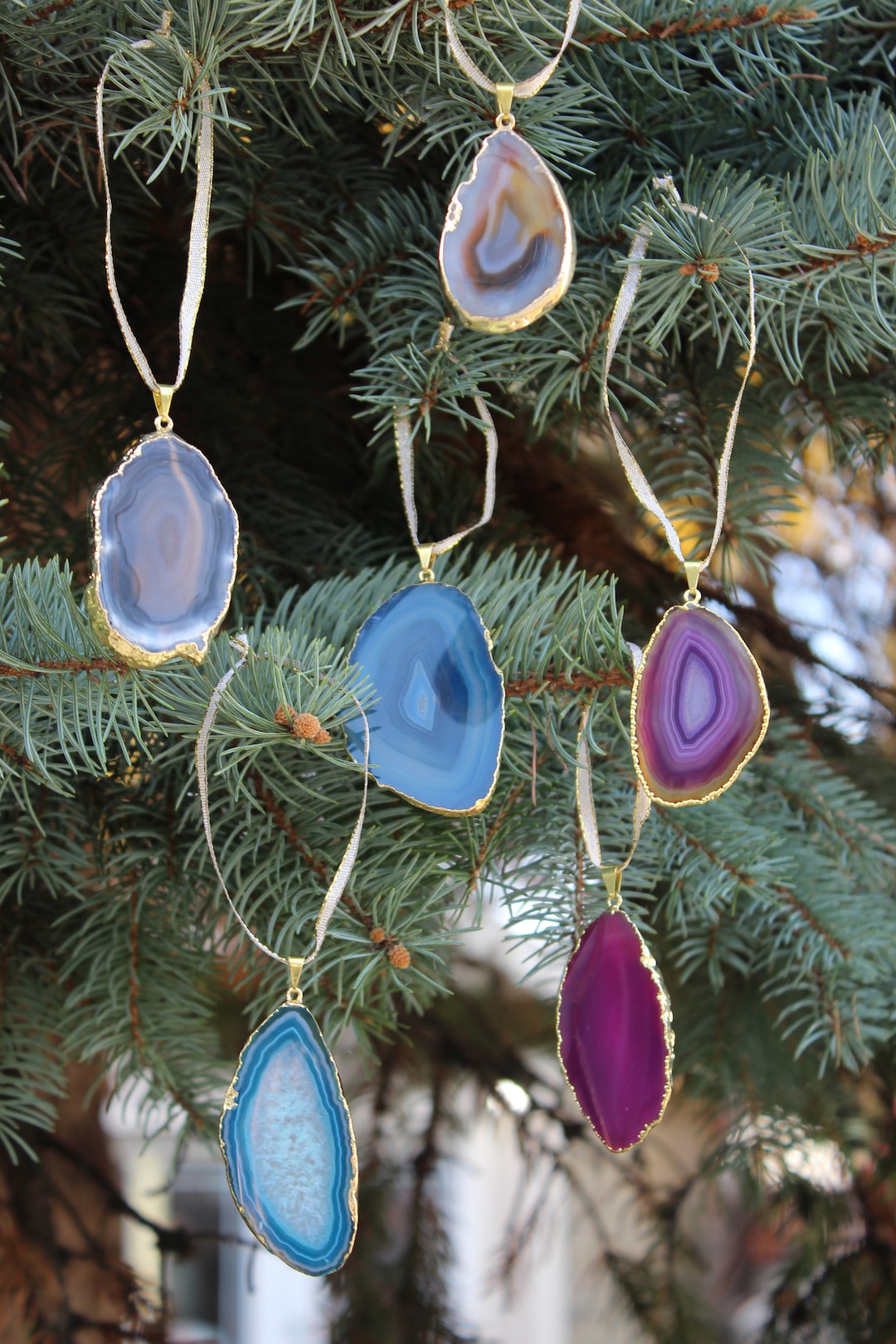 Crystal Holiday Ornaments, Gold or Silver Trim, Agate Slice Crystals ...