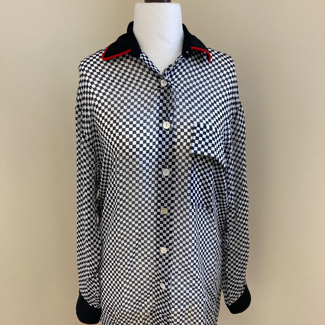 Vintage Gottex Black & White Checkerboard Sheer Long Sleeved Blouse M ...