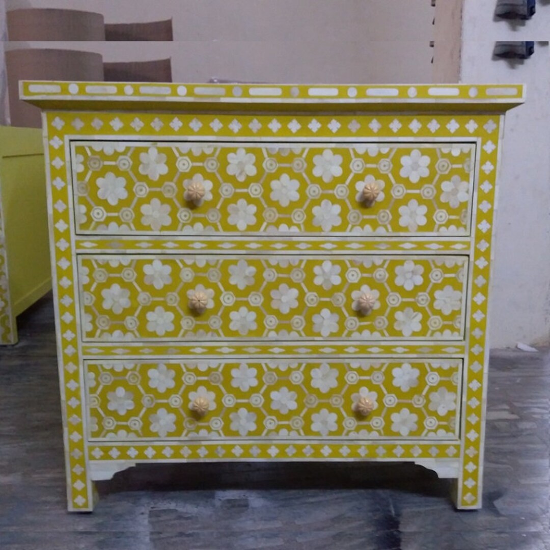 Bone Inlay Floral Design 3 Drawer Mustard Color Chest Free Shipping - Etsy
