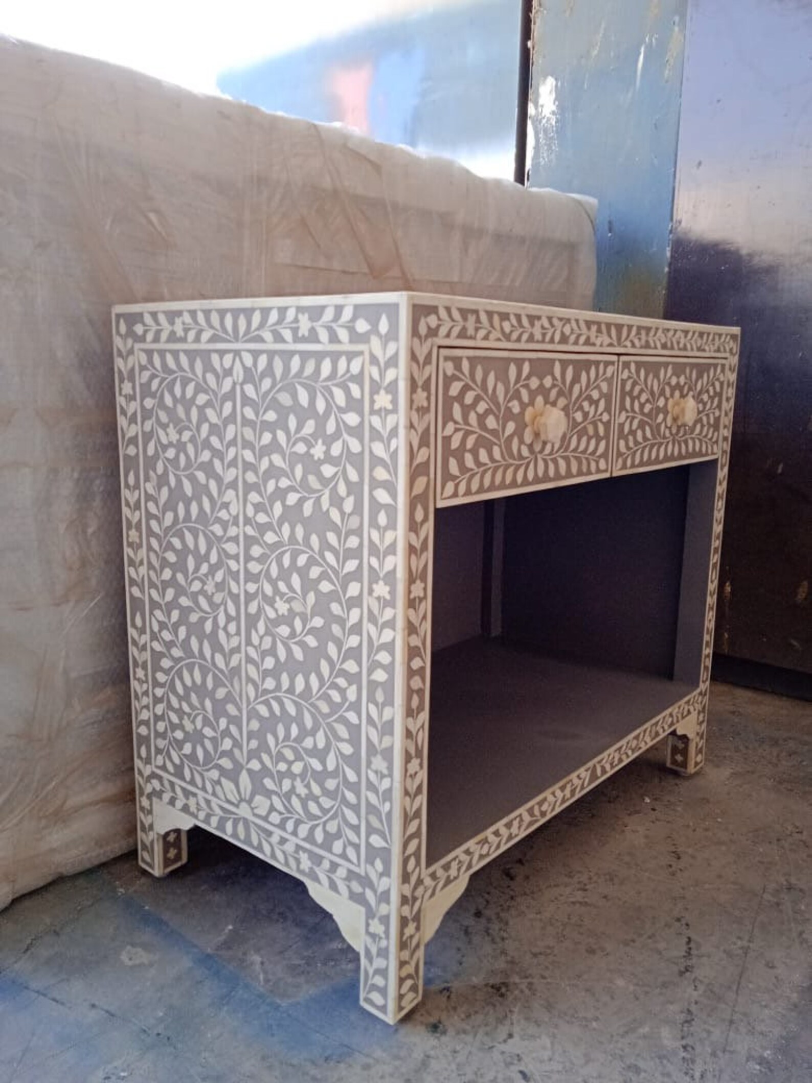 Bone Inlay Bedside Floral Pattern in Pale Grey 2 Drawers 1 | Etsy