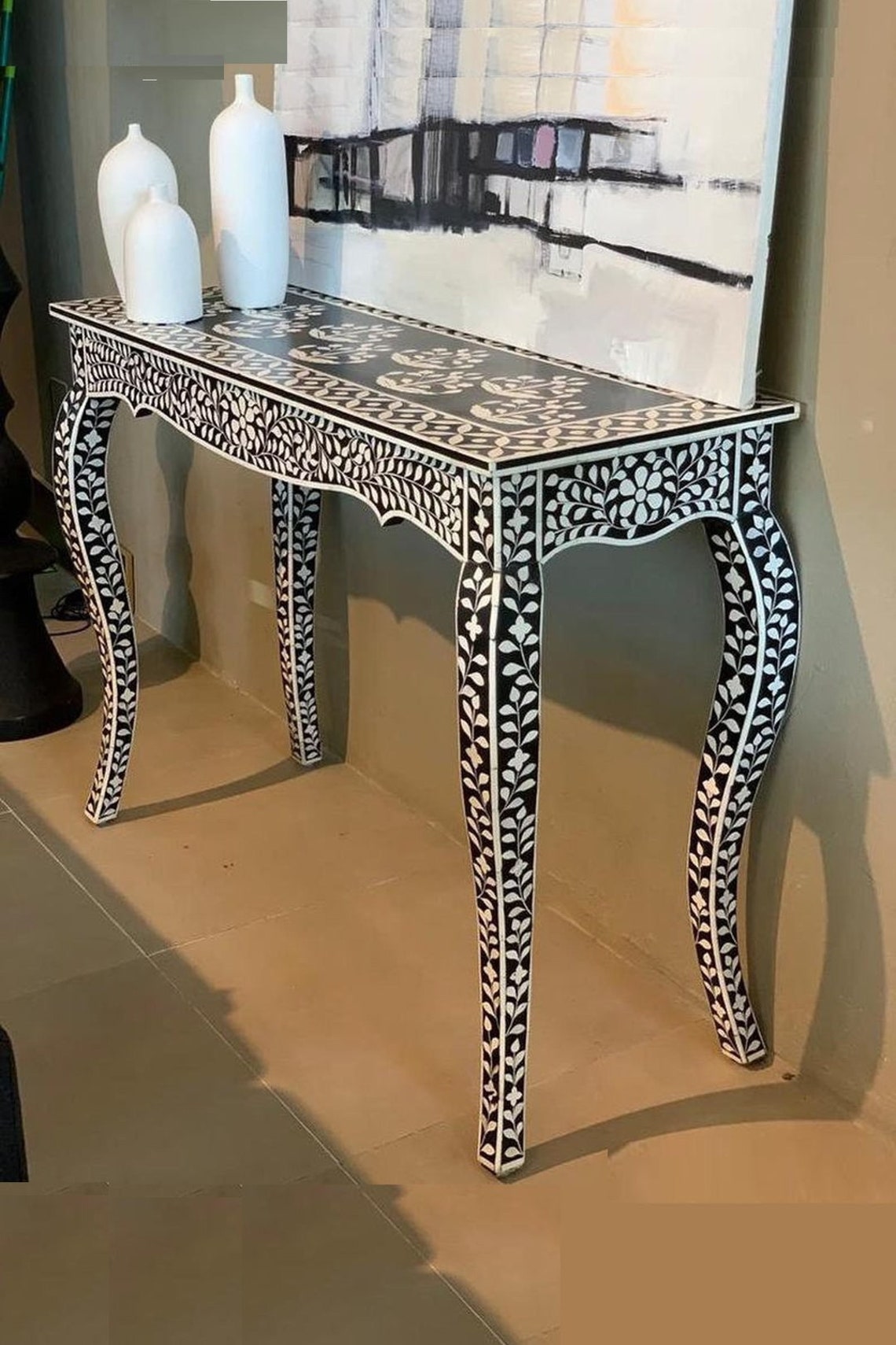 French Leg Floral Design Bone Inlay Black Console Table Side - Etsy