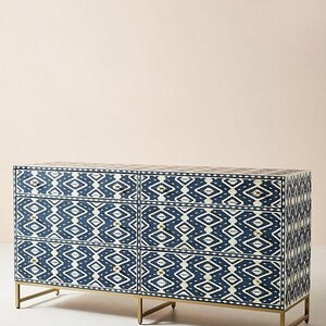 Bone Inlay Chest of 6 Drawers Ikkat in Navy Blue, Bone Inlay Dresser ...