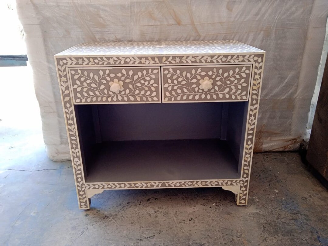 Bone Inlay Bedside Floral Pattern in Pale Grey 2 Drawers 1 - Etsy