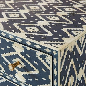 Bone Inlay Chest of 6 Drawers Ikkat in Navy Blue, Bone Inlay Dresser ...