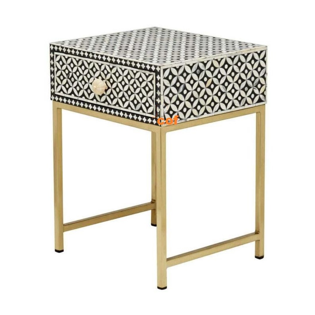Handmade Bone Inlay Wooden Modern Geometric Eye Pattern End Table ...