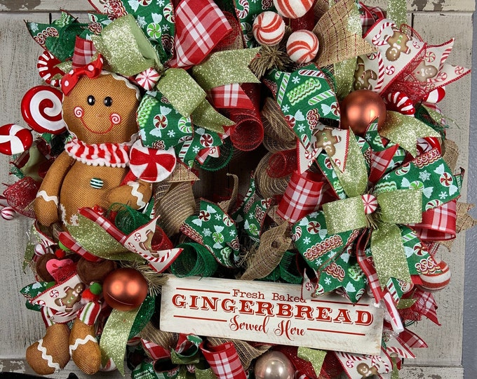 Gingerbread Man Wreath, Christmas Candy Front Door Wreath, Burlap Deco ...