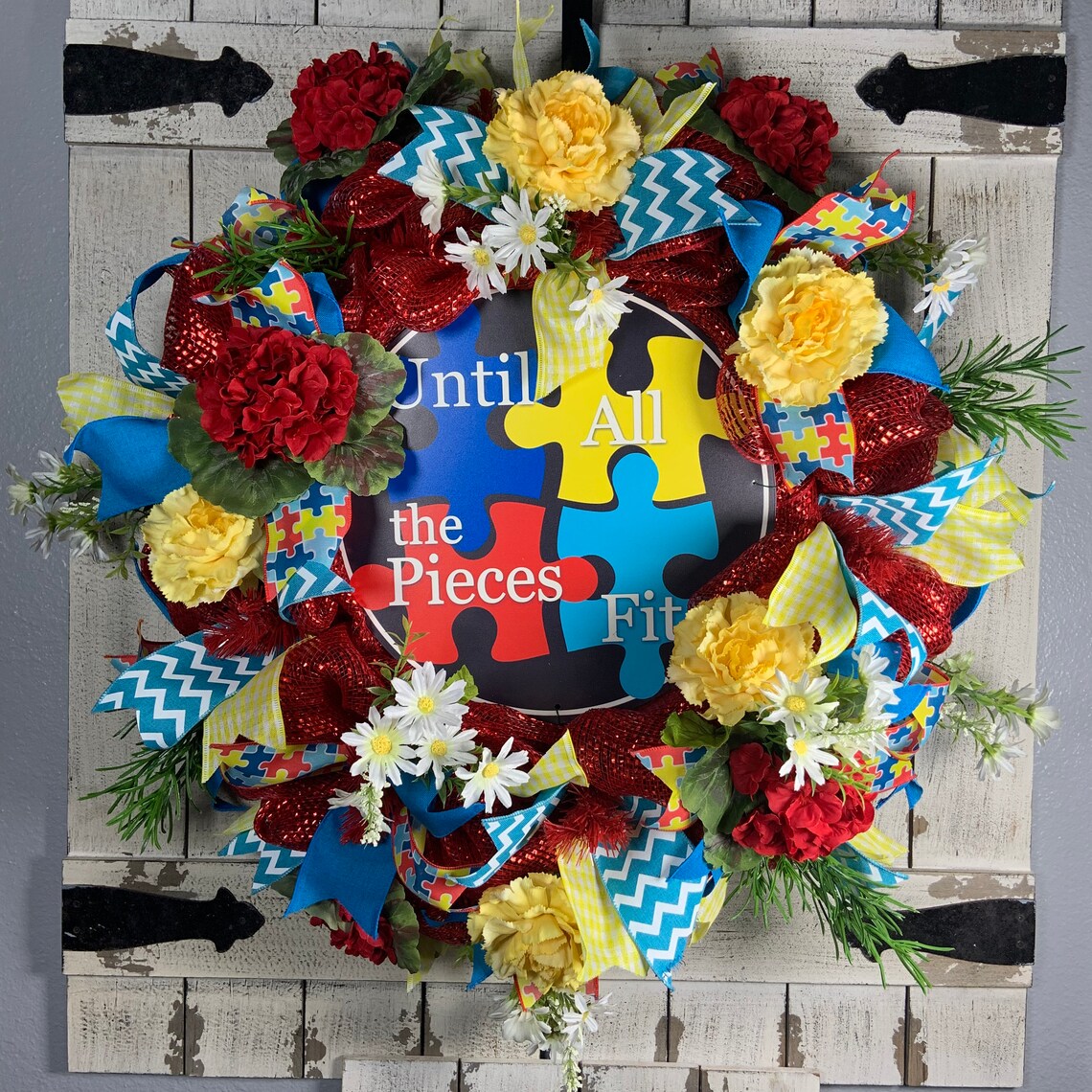 Autism Deco Mesh Wreath Red Yellow and Blue Autistic wreath | Etsy
