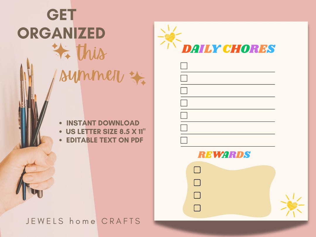 Summer Chore Chart for Kids, Kids Responsibility Chart, Rewards Chart ...