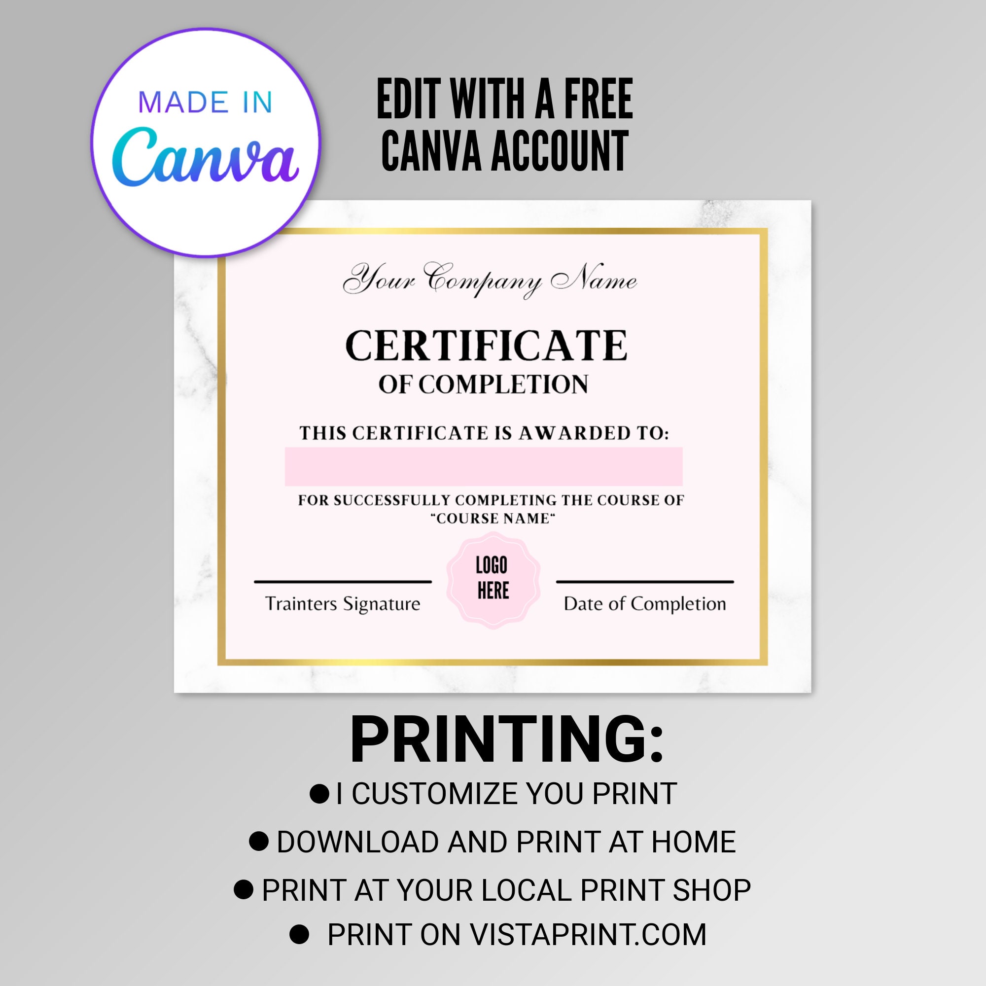 Certificate of Completion Template Editable Certificate of - Etsy
