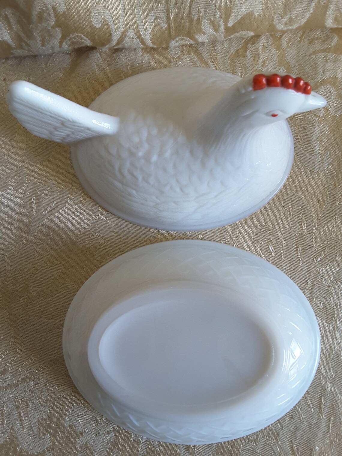 Milk Glass Hen Candy Dish Painted Face Red Comb - Etsy