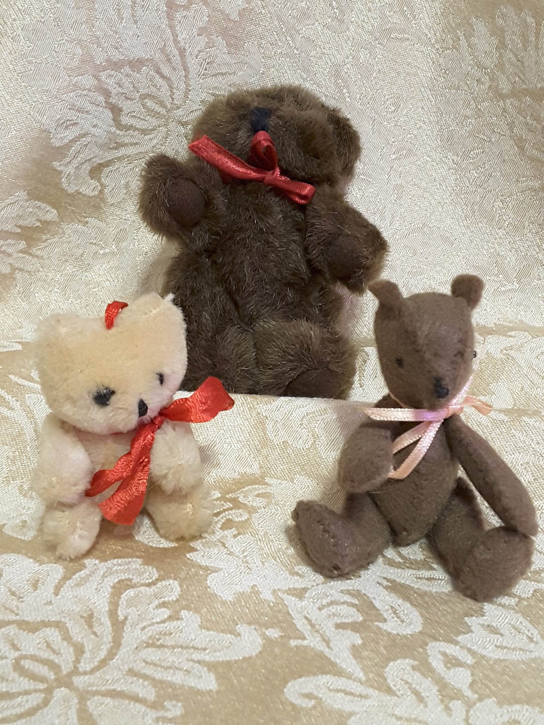 Three Adorable Mini Stuffed Bears With Cute Bows and Movable Arms and ...