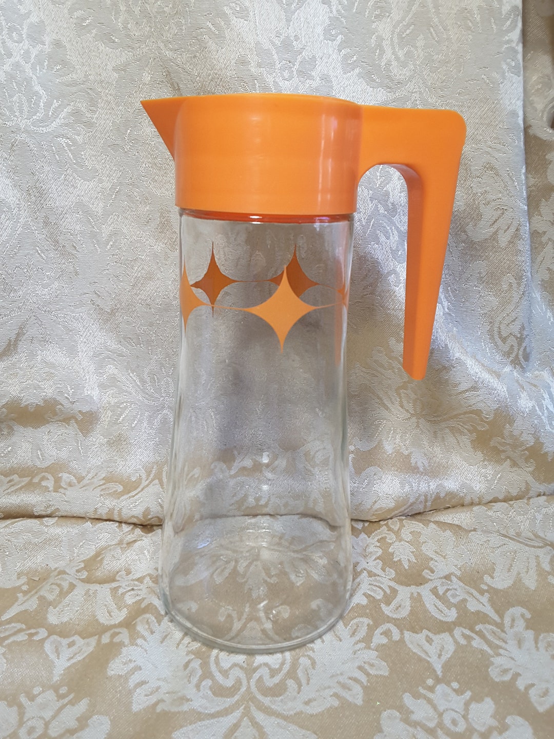 Vintage Anchor Hocking Glass Pitcher: Atomic Orange Diamond MCM 1 Quart ...