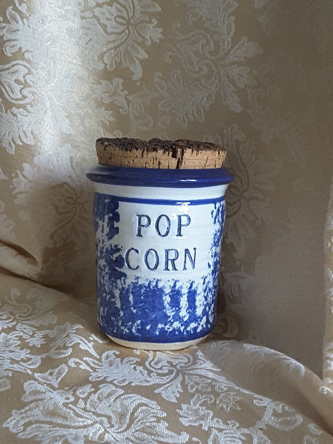 POP CORN Blue Sponge Glazed Pottery Jar With Cork Lid - Etsy