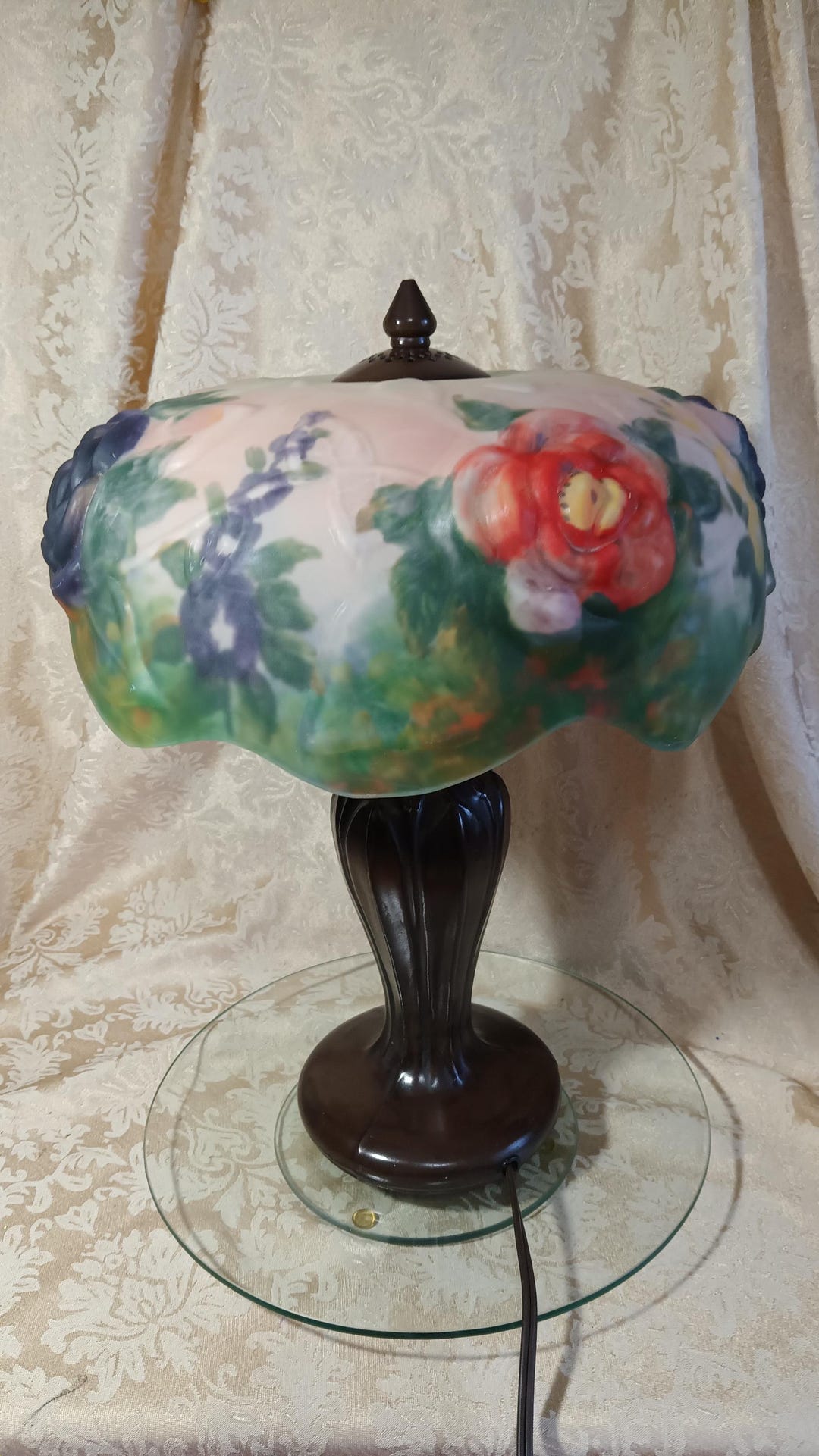 Beautiful Vintage Table Lamp Reverse Painted Puffy Glass Shade - Etsy