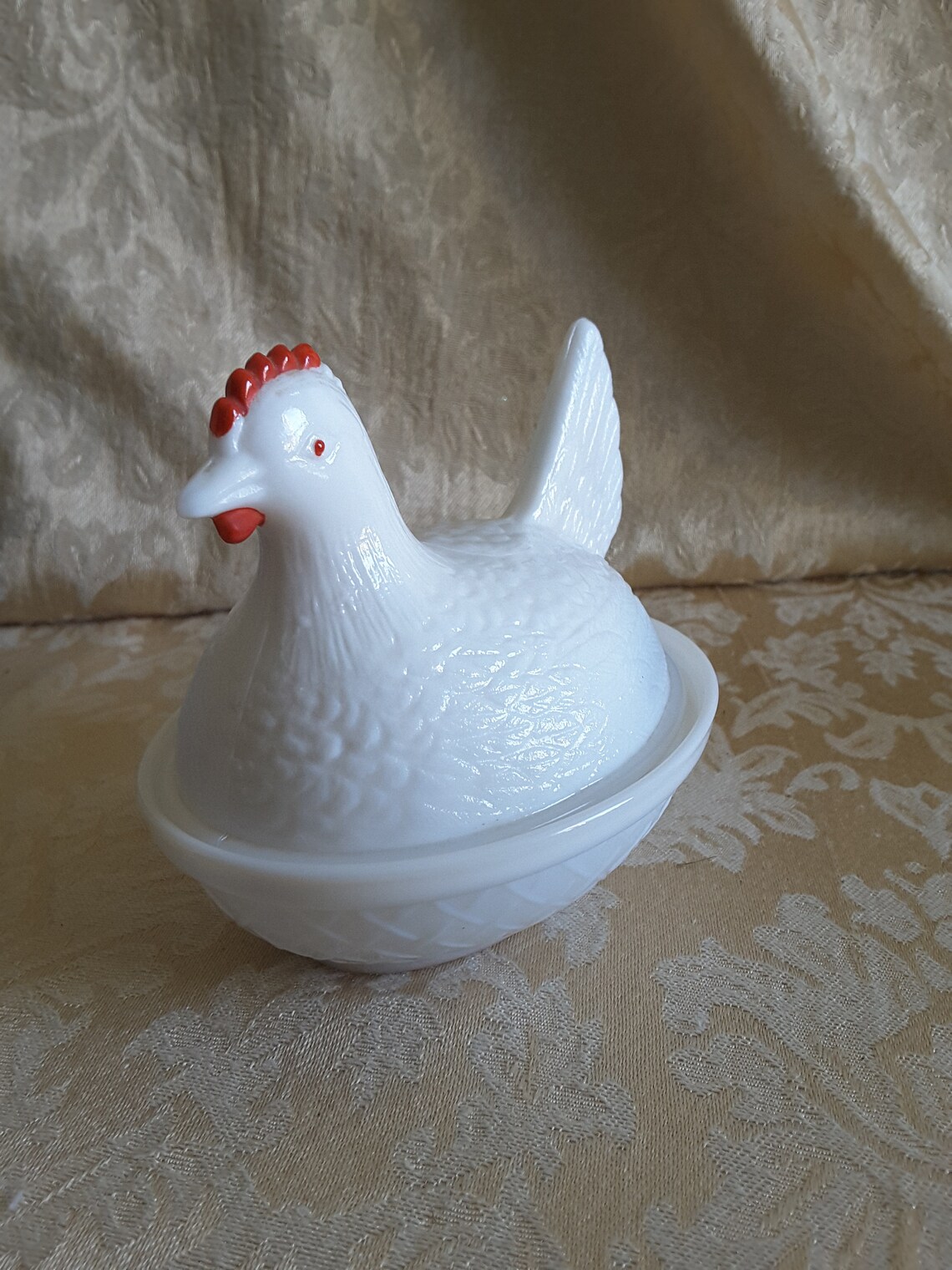 Milk Glass Hen Candy Dish Painted Face Red Comb - Etsy