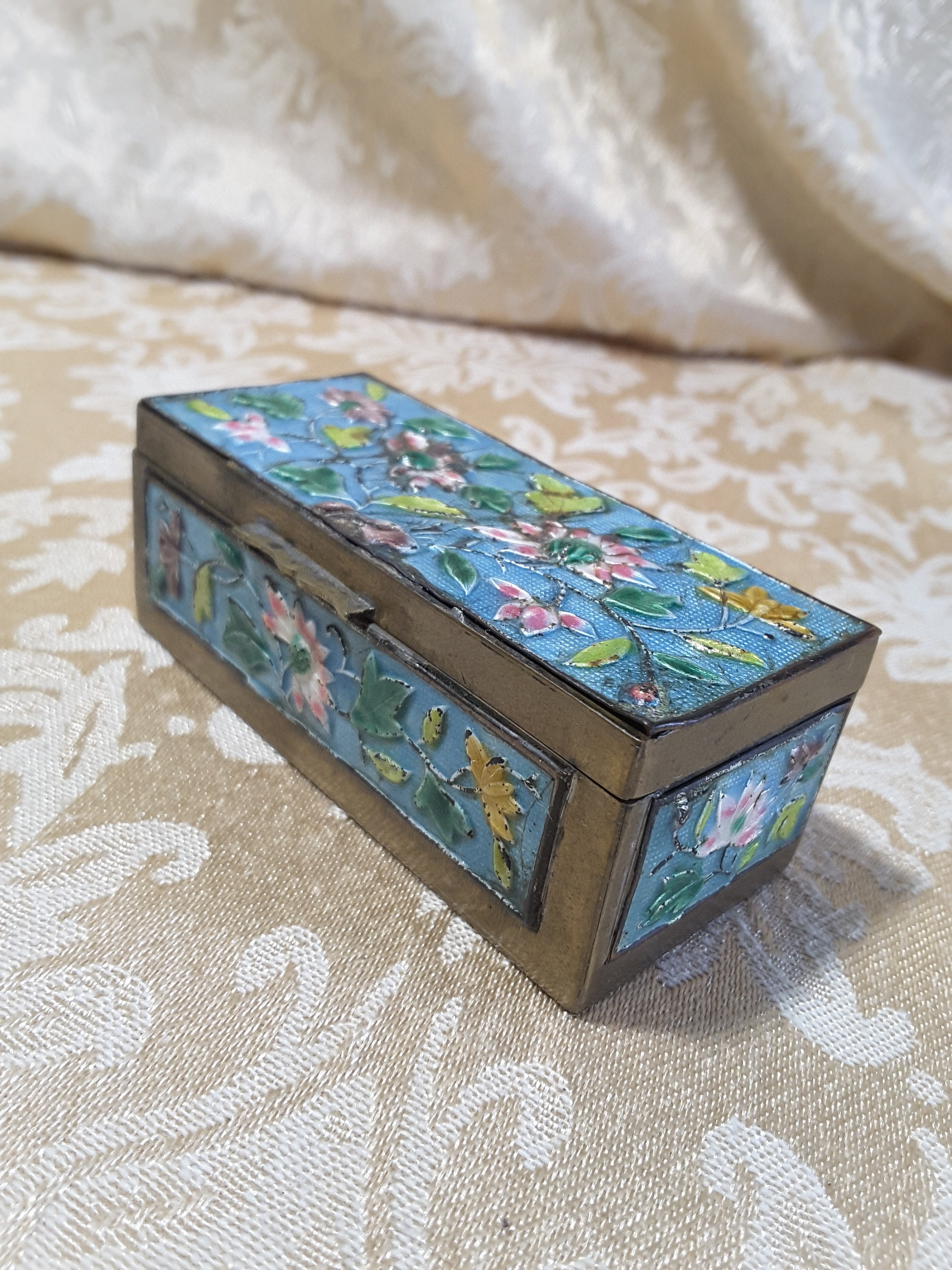 Box Vintage Brass and Enameled Hinged Coffin Style Pin Box - Etsy