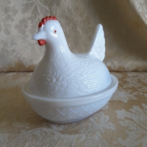Milk Glass Hen Candy Dish Painted Face Red Comb - Etsy
